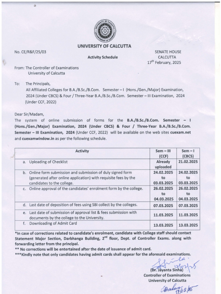 ACTIVITY SCHEDULE BA BSC B.COM_SEM-3 CCF SEM-1CBCS EXAM-2024 | PDF ...
