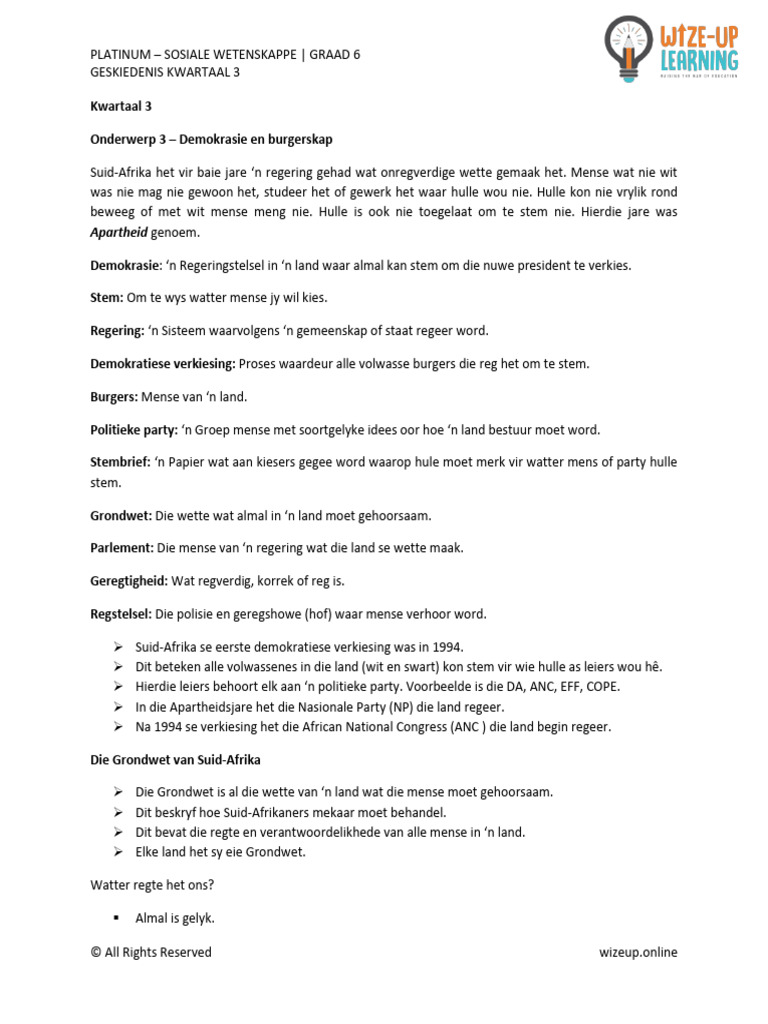 Graad 6 Kwartaal 3 Gesk Opsomming | PDF