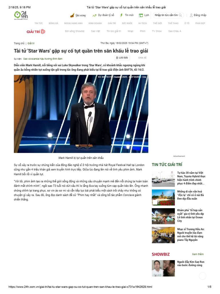 Tài tử 'Star Wars' gặp sự cố tụt quần trên sân khấu lễ trao giải | PDF