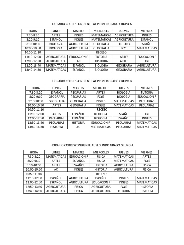 Horarios de Clases por Grado y Grupo | PDF
