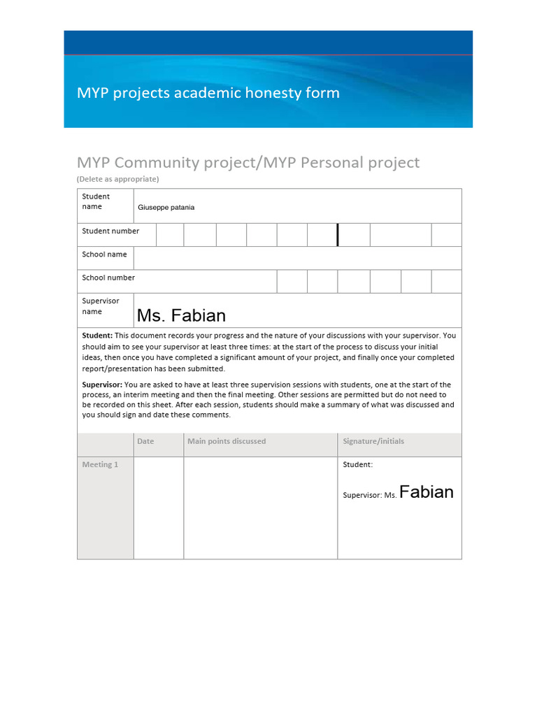 MYP Personal Project Academic Honesty Form | PDF