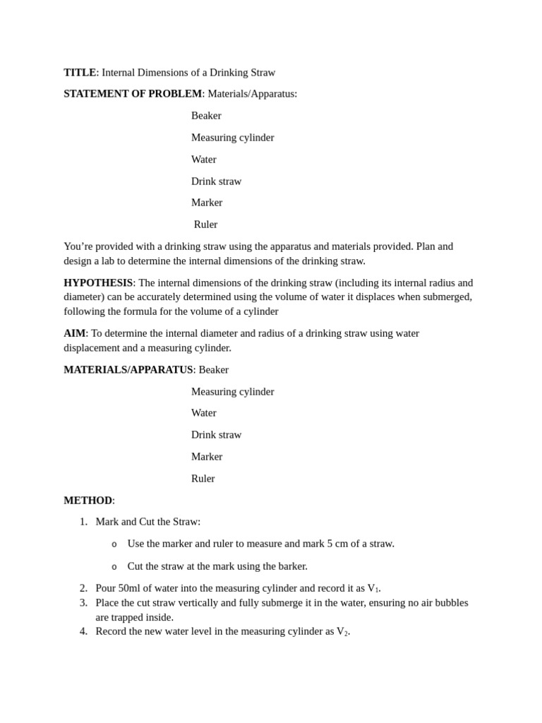 Measuring Straw Dimensions via Displacement | PDF | Volume | Water