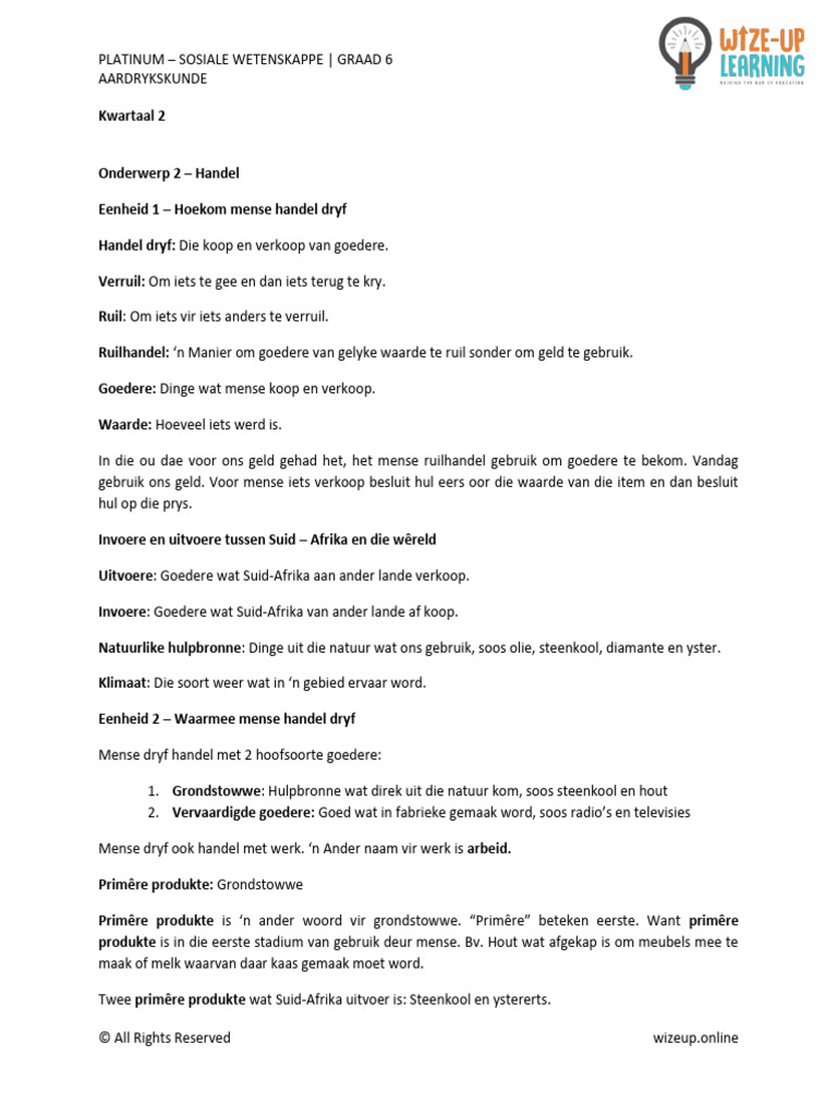 Graad 6 Kwartaal 2 Geo Opsomming | PDF