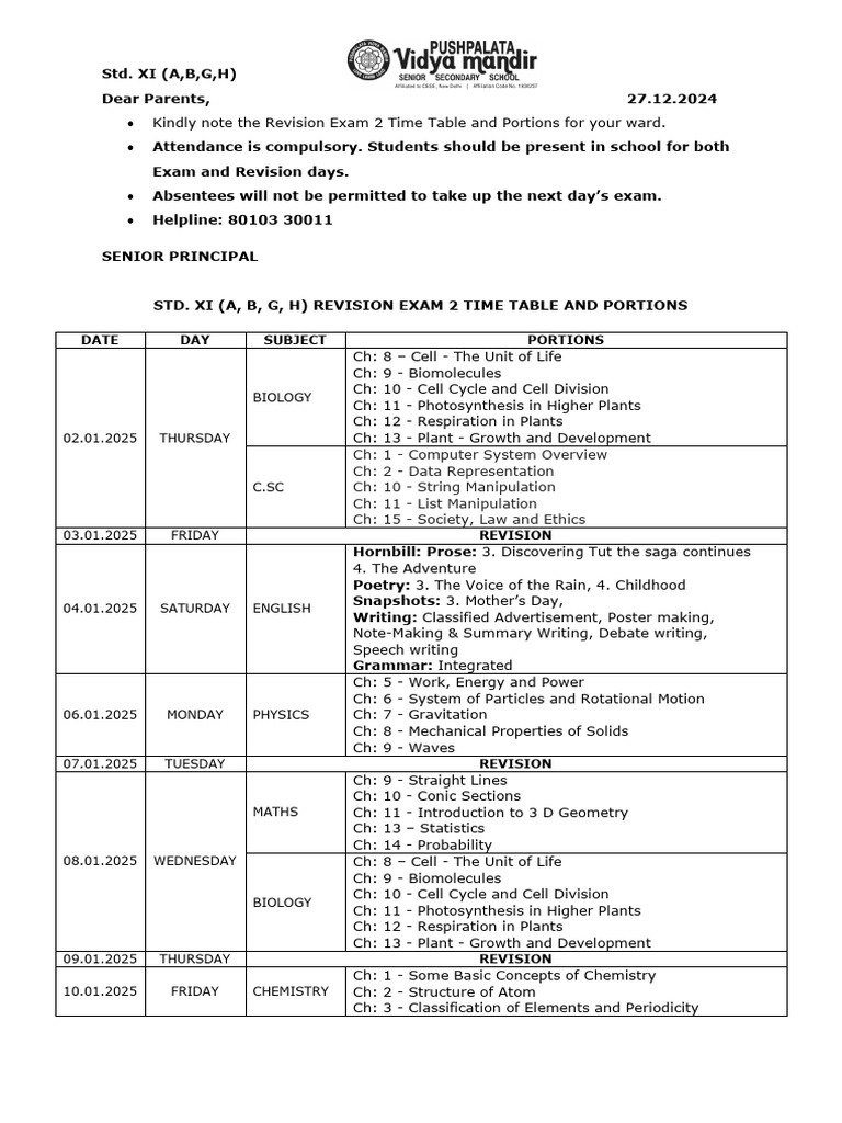 Std XI Revision Exam 2 Timetable 2025 | PDF | Physics | Physical Sciences