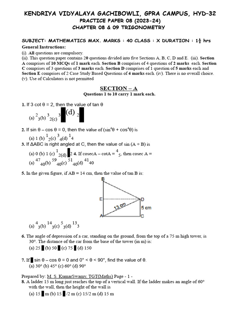 Class X Trigonometry Practice Paper 2023-24 | PDF | Trigonometry ...