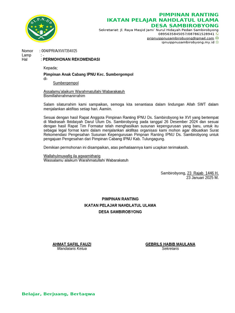 Permohonan Rekom PAC IPNU | PDF