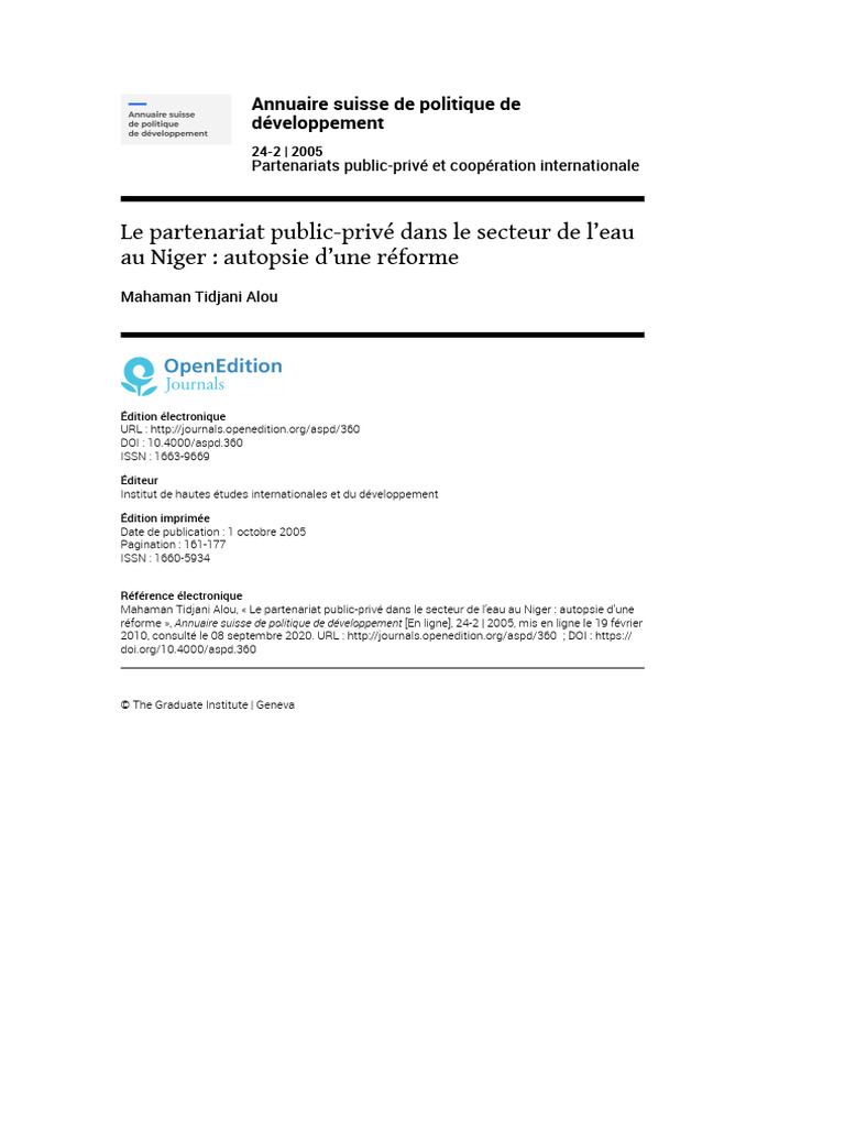 PPP et gestion de l'eau au Niger | PDF | État | Partenariat public-privé