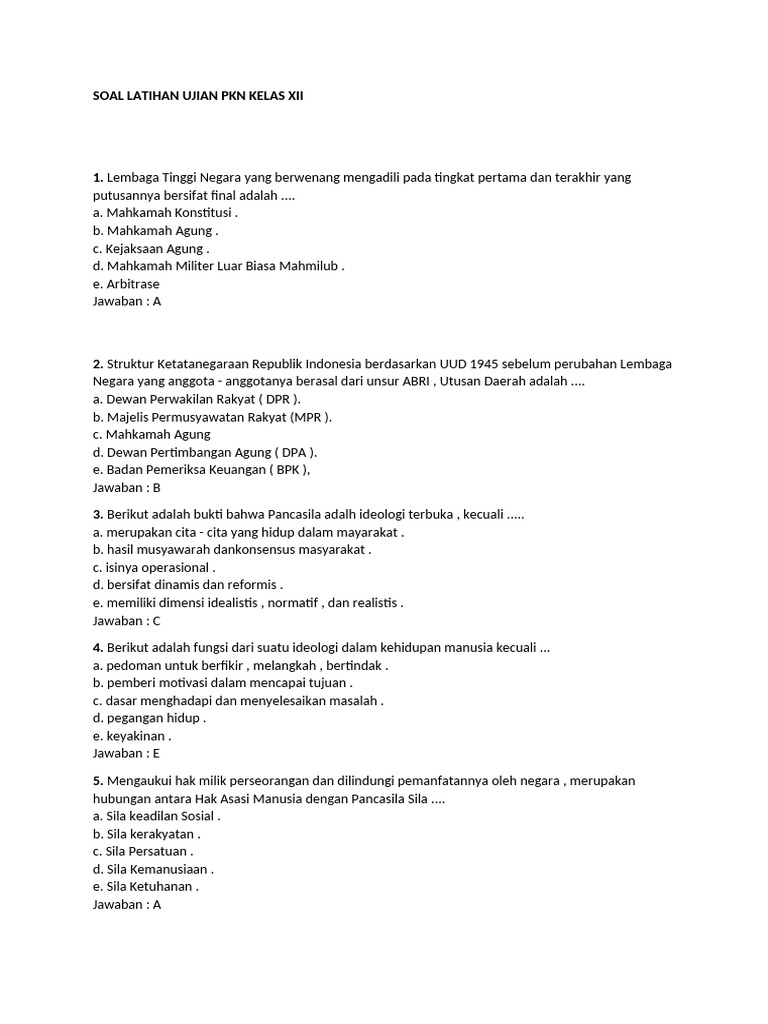 Soal Latihan Ujian PKN Kelas Xii | PDF