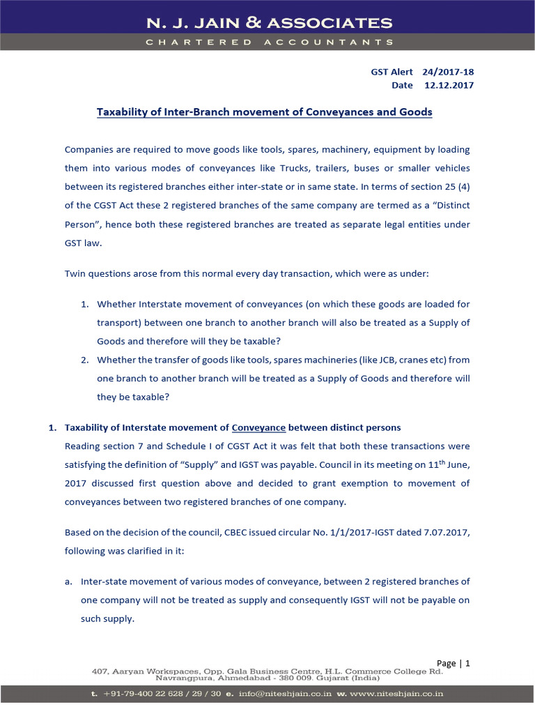 GST Alert 24 Taxability of Inter Branch Movement of Conveyances and ...