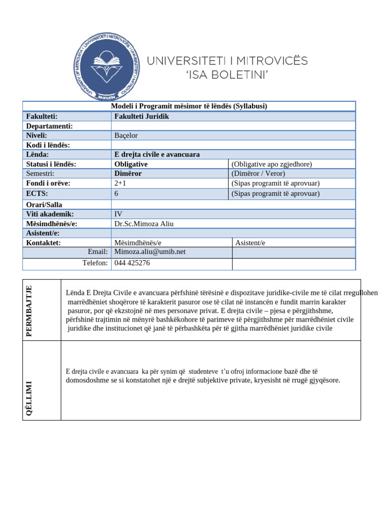 UMIB Syllabusi 2022 2023 E Drejta Civile e Avancuar | PDF