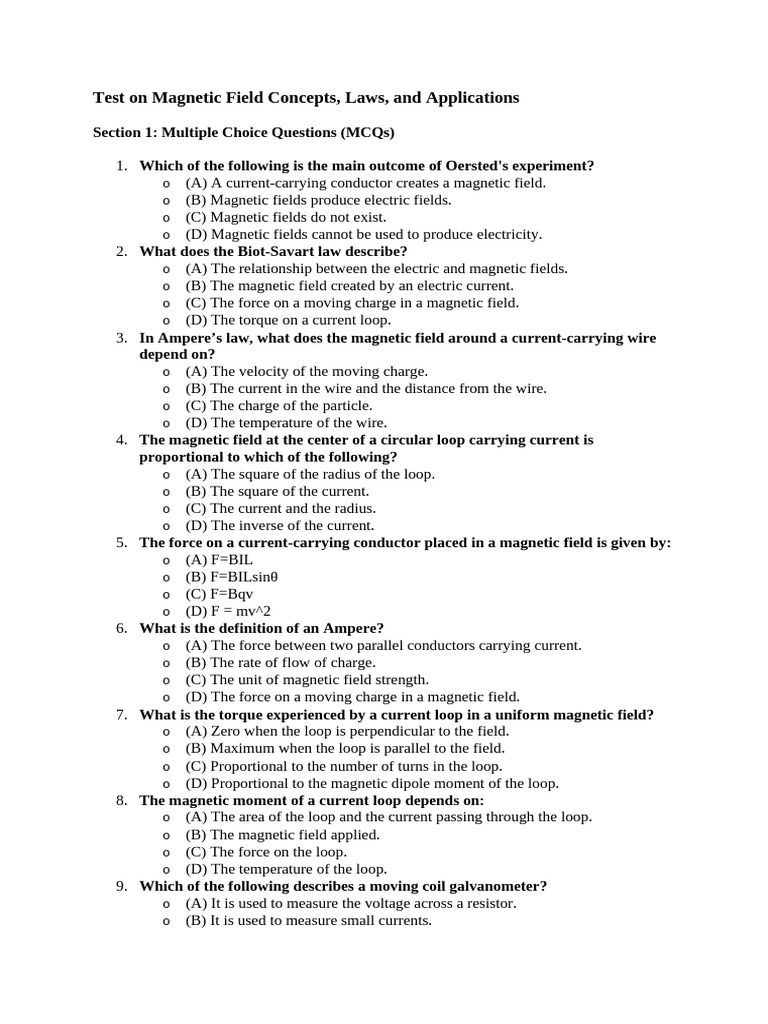 Test On Magnetic Field Concepts | PDF | Magnetic Field | Electric Current
