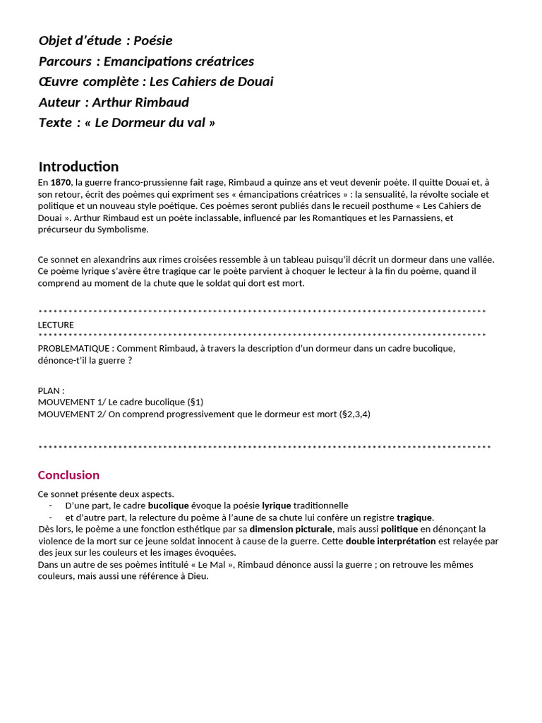 Analyse du poème "Le Dormeur du val" | PDF