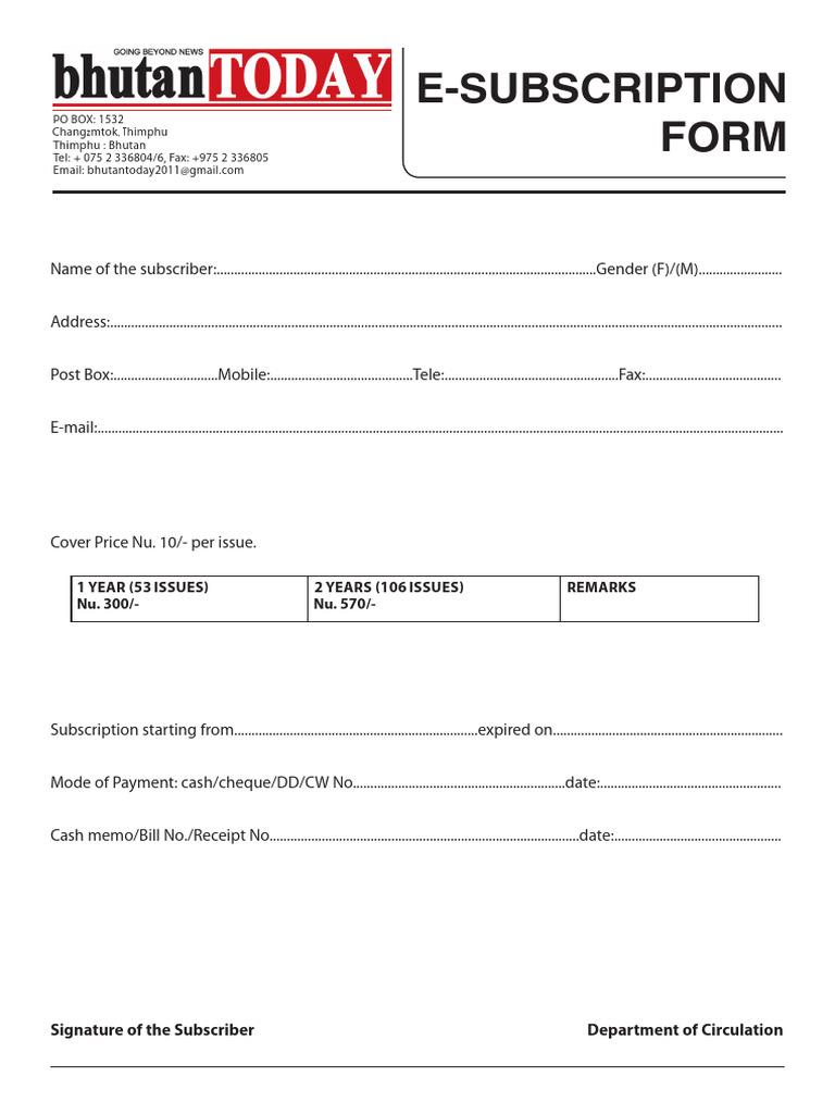 Bhutan Today E-Subscription Form | PDF