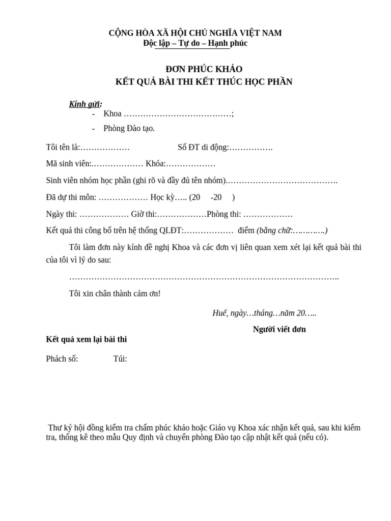 MẪU ĐƠN PHÚC KHẢO BÀI THI KTHP | PDF