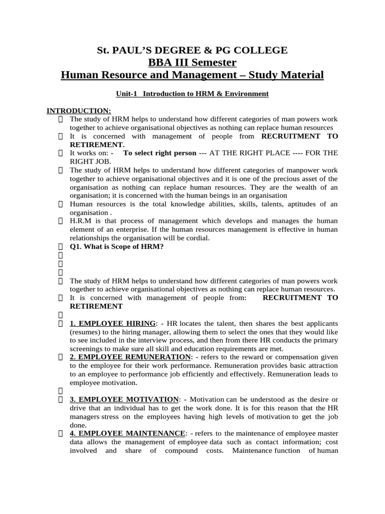 HRM Study Material for BBA Students | PDF | Human Resource Management ...
