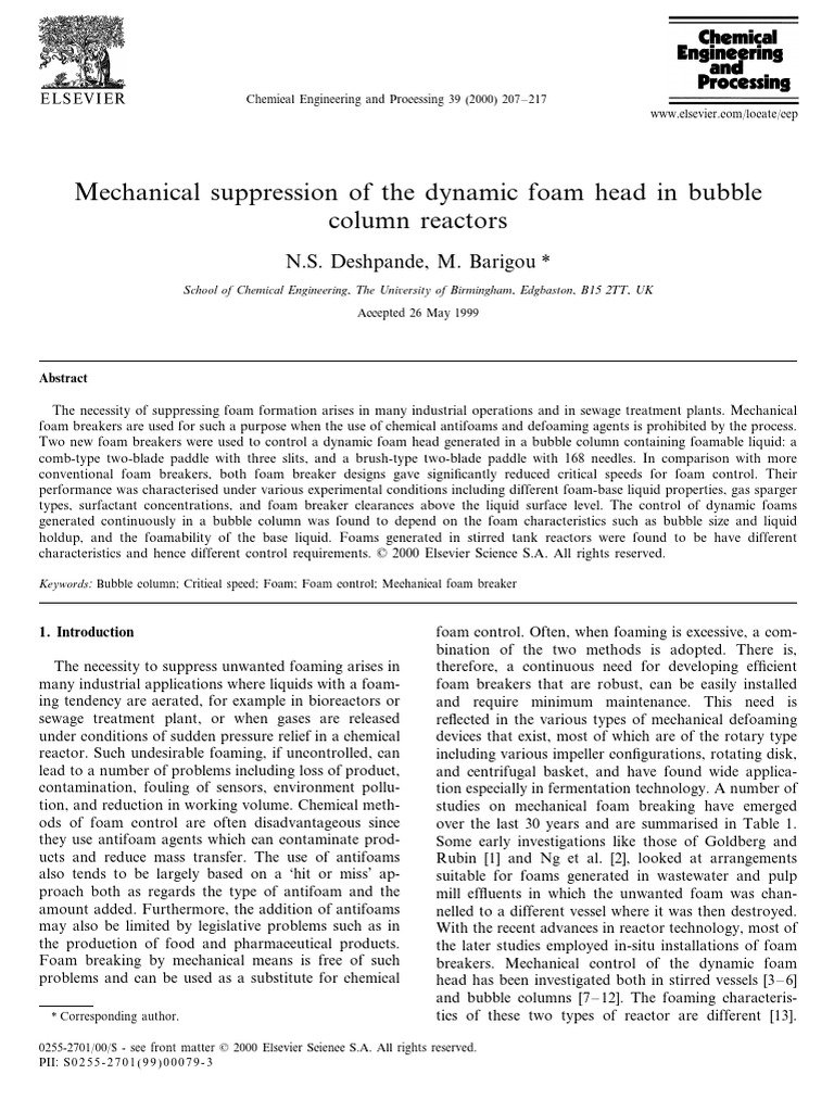 Mechanical Foam Control in Reactors | PDF | Foam | Chemical Reactor