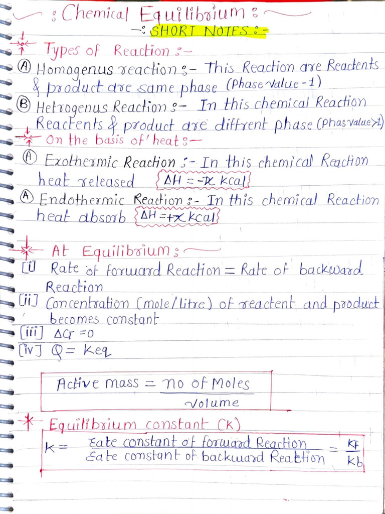 Chemical Equilibrium Short Notes | PDF | Physical Chemistry | Branches ...