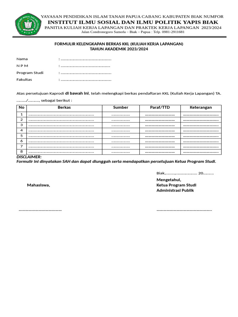 Formulir Kelengkapan Berkas KKL | PDF