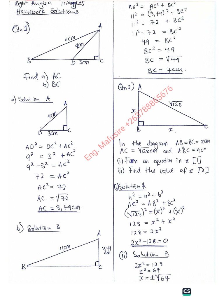 RIGHT ANGLED TRIANGLES HOMEWORK SOLUTIONS 0788865676 | PDF