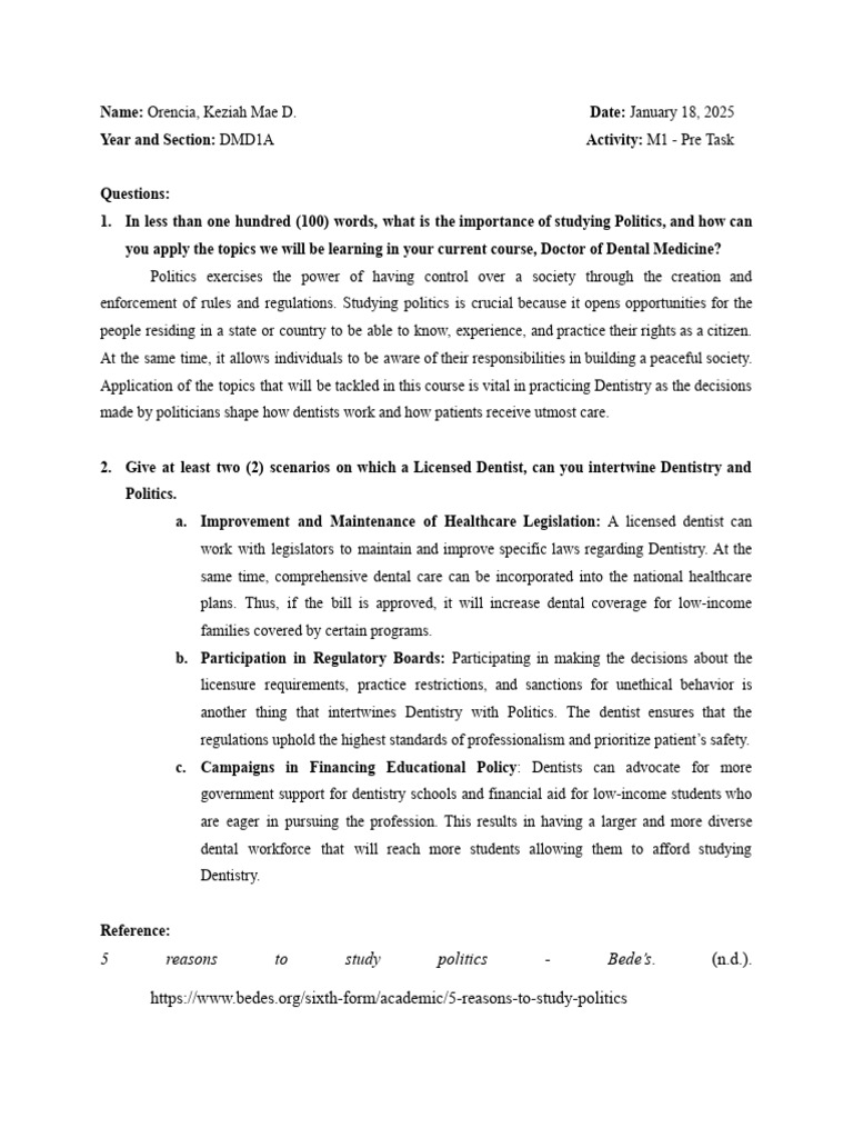Orencia, Keziah Mae D_DMD1A_M1 - Pre Task | PDF | Dentistry | Dentist