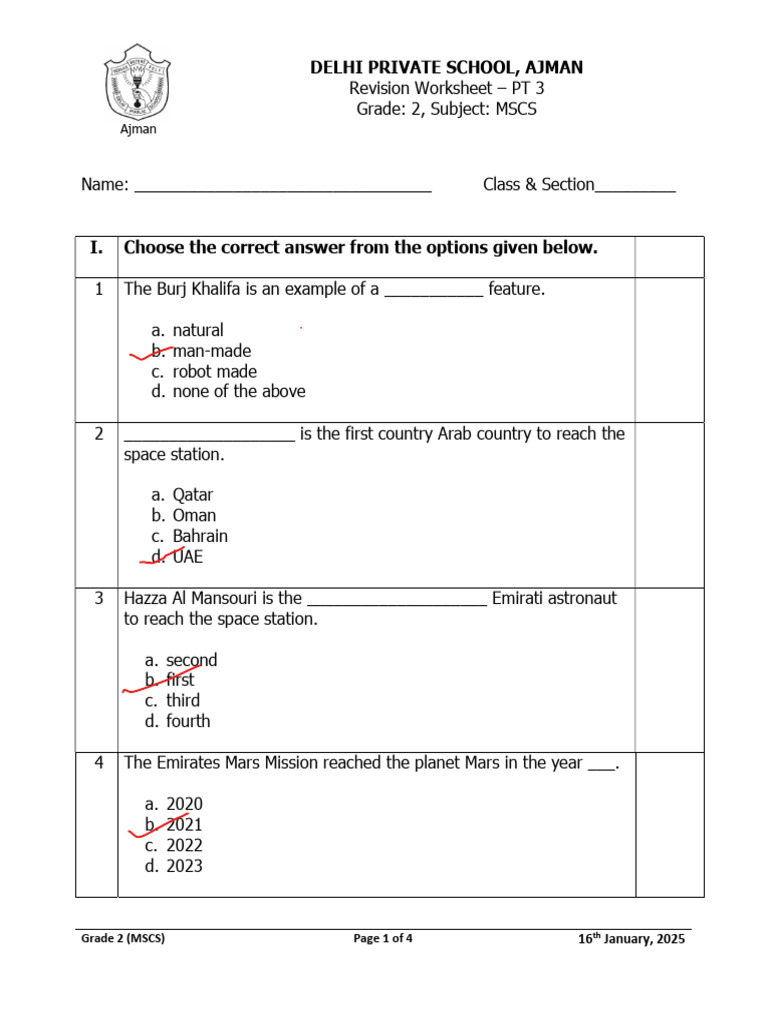 Grade 2 MSCS Revision Worksheet | PDF | United Arab Emirates | Outer Space