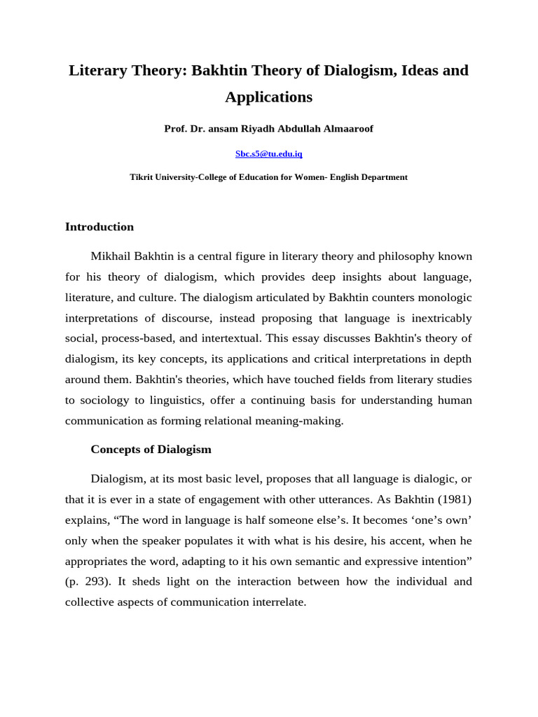 Literary Theory Bakhtin Theoryof Dialogism Ideasand Applications | PDF ...