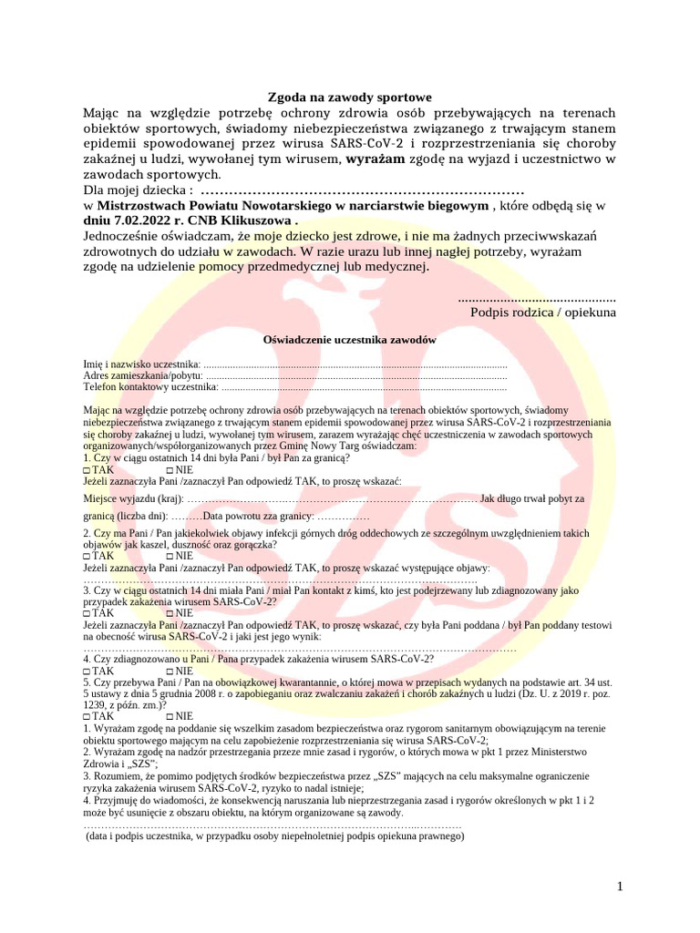 Zgoda Na Zawody | PDF