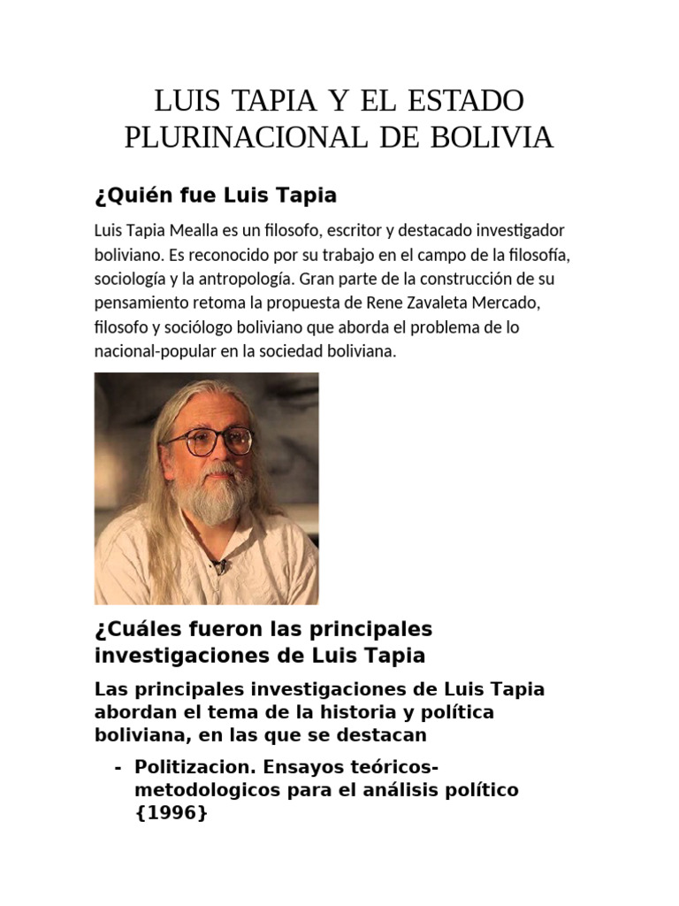 Luis Tapia y El Estado Plurinacional de Bolivia | PDF | Bolivia | Estado (política)