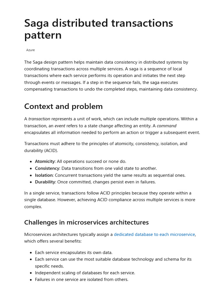 Saga pattern - Azure Design Patterns _ Microsoft Learn | PDF | Database Transaction | Acid
