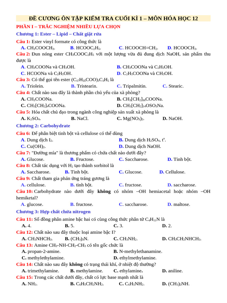 Đề cương CK1 - 12A3 | PDF
