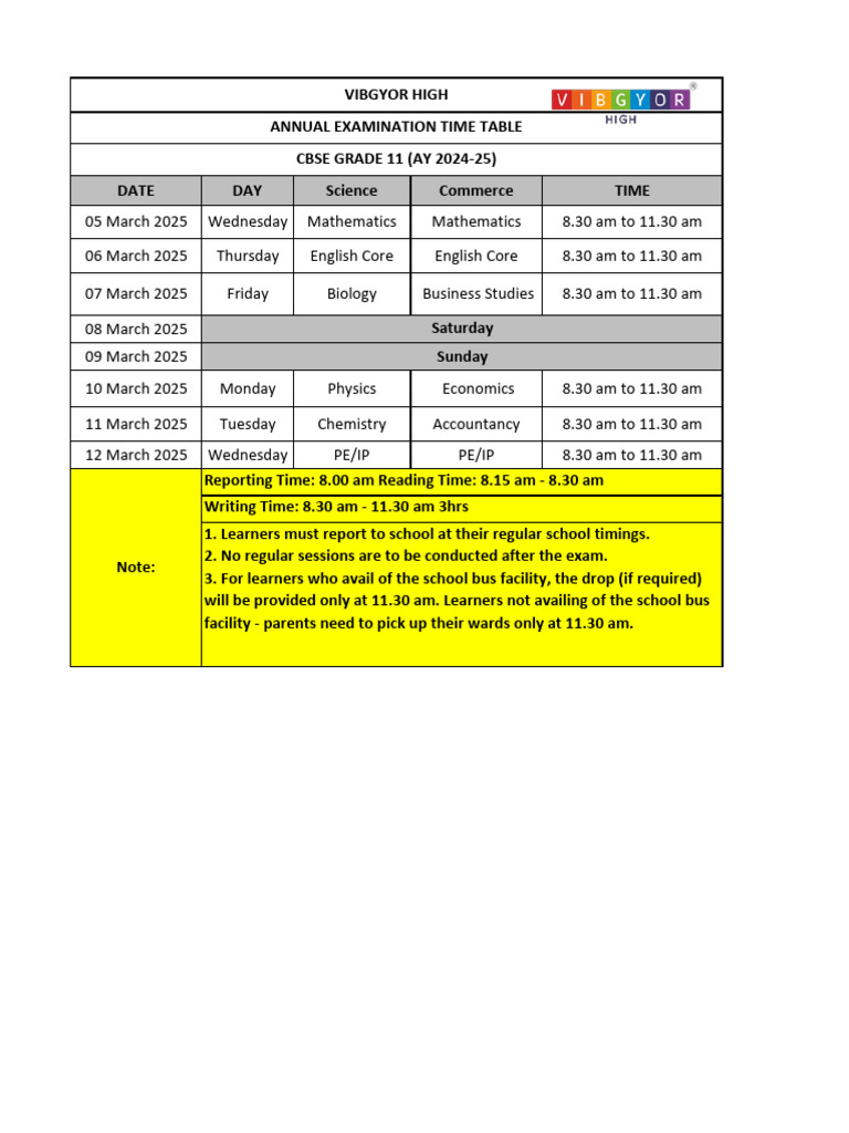 Annexure 1. A. 12 Cbse - Grade 11 Annual Exam Timetable - 2024 25 | PDF