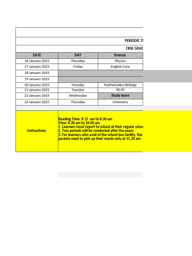 Annexure 1. A. 3 CBSE Grade 11 PT 2 Exam Timetable 2024 25 | PDF
