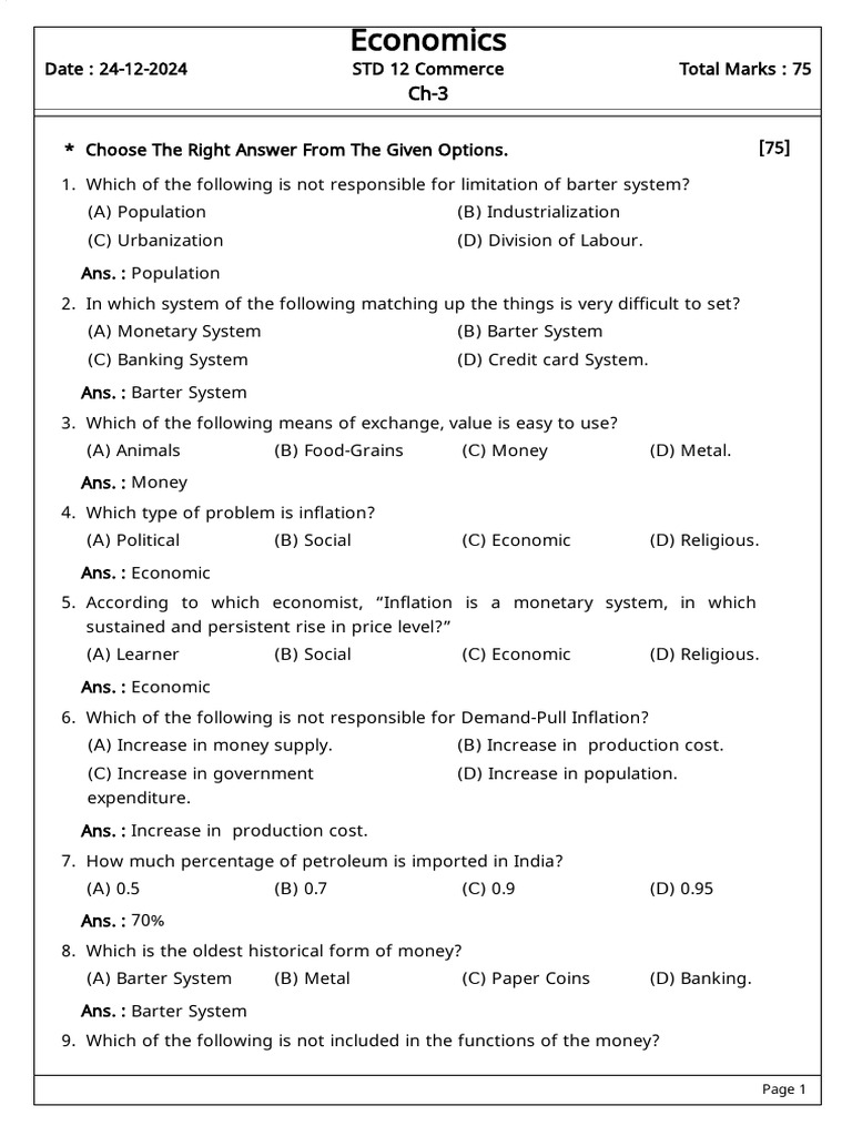 Economics Quiz: Barter, Money, Inflation | PDF | Inflation | Money