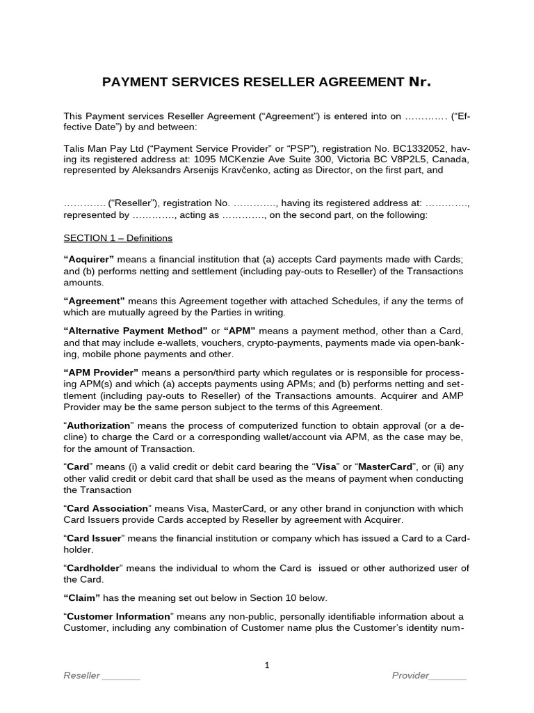 Payment Services Reseller Agreement | PDF | Credit Card | Debit Card