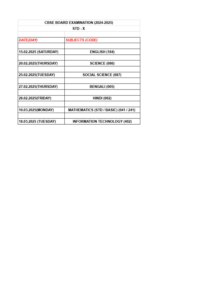 STD - X Cbse Exam Schedule | PDF