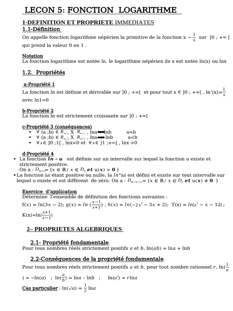 Lecon 5 FONCTION LOGARITHME | PDF | Limite (mathématiques) | Asymptote