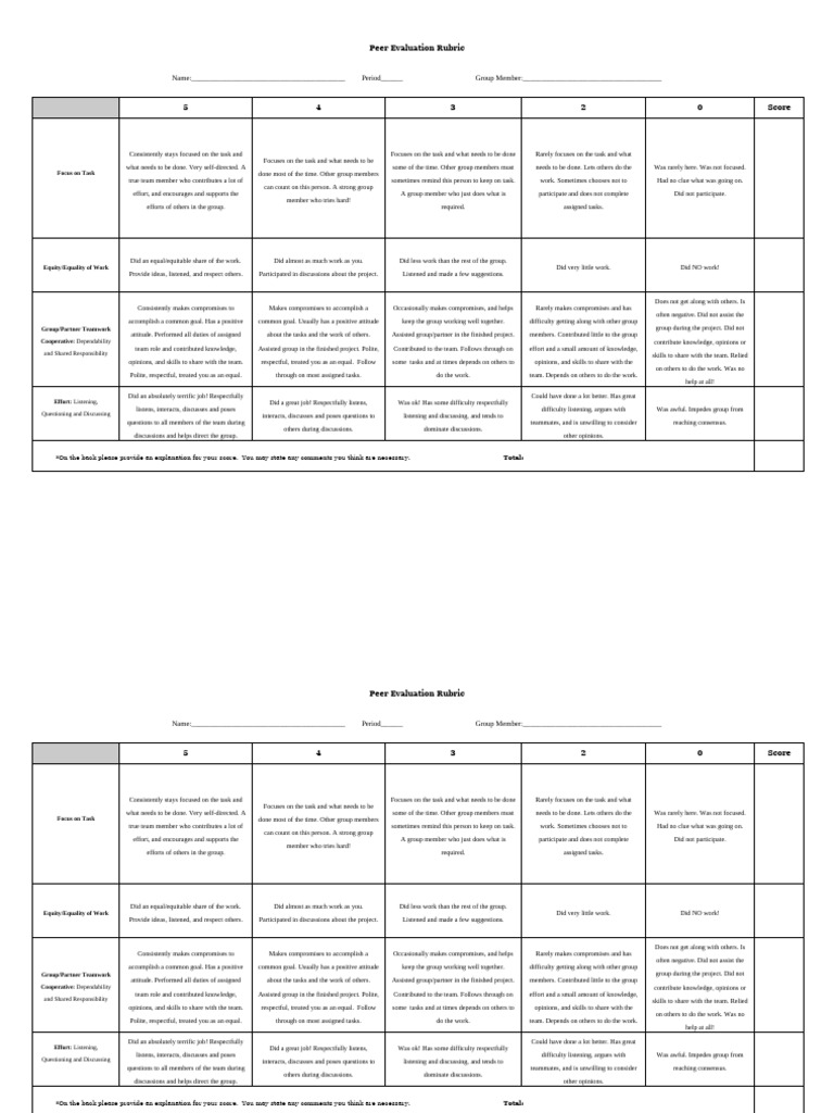 peer evaluation rubric | PDF | Knowledge | Social Psychology