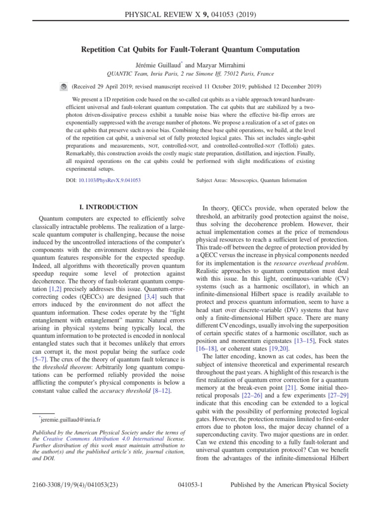 Guillaud - Repetition Cat Qubits for Fault-Tolerant Quantum Computation | PDF | Quantum ...