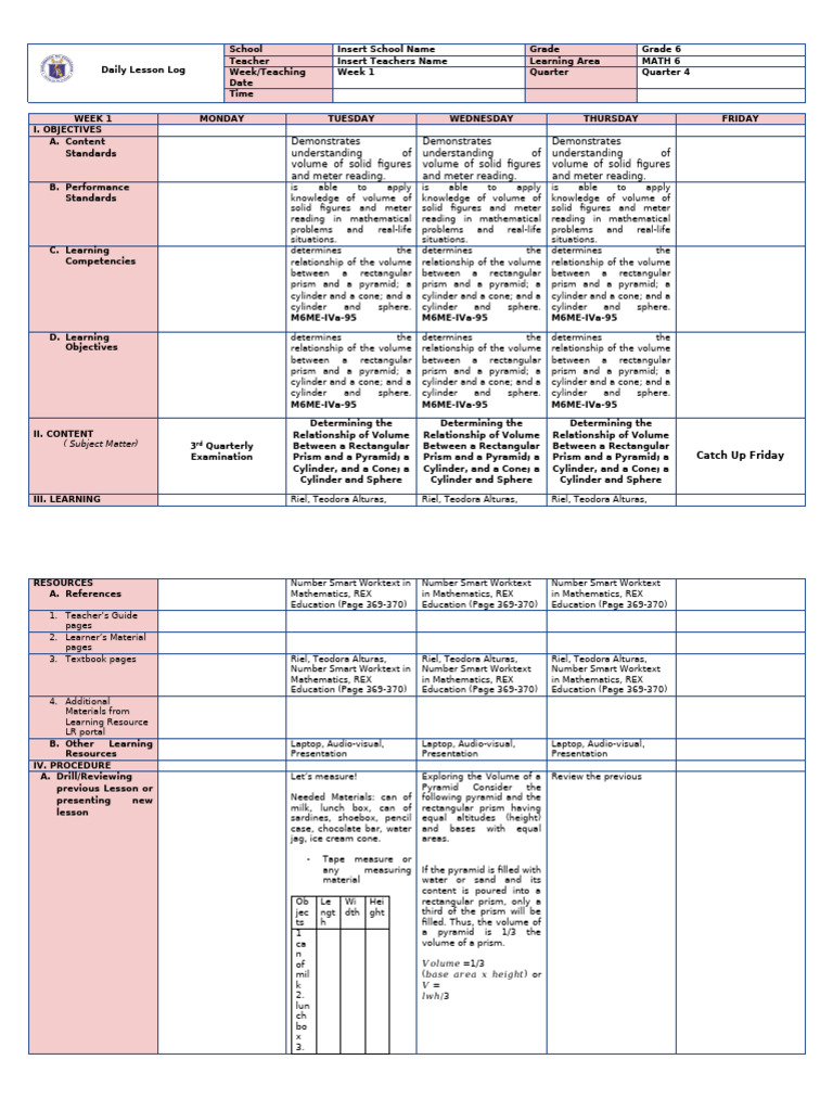 DLL_MATH_Q4_W1 | PDF | Volume | Area