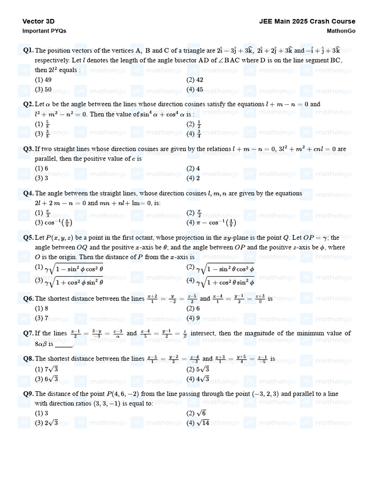 Vector 3D Geometry Problems for JEE | PDF | Line (Geometry) | Euclid