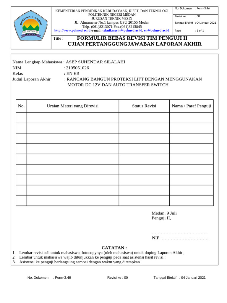 Formulir Bebas Revisi Tim Penguji II | PDF