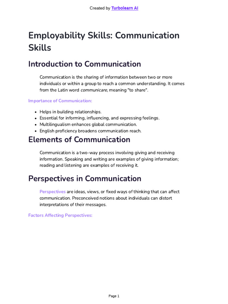 EMPLOYABILITY NOTES | PDF | Communication | Part Of Speech