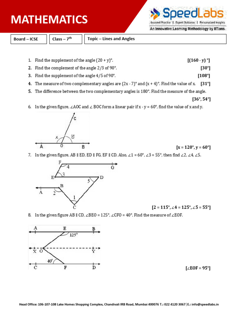 Lines and Angles Including Construction of Angles Important Qs 14 ...