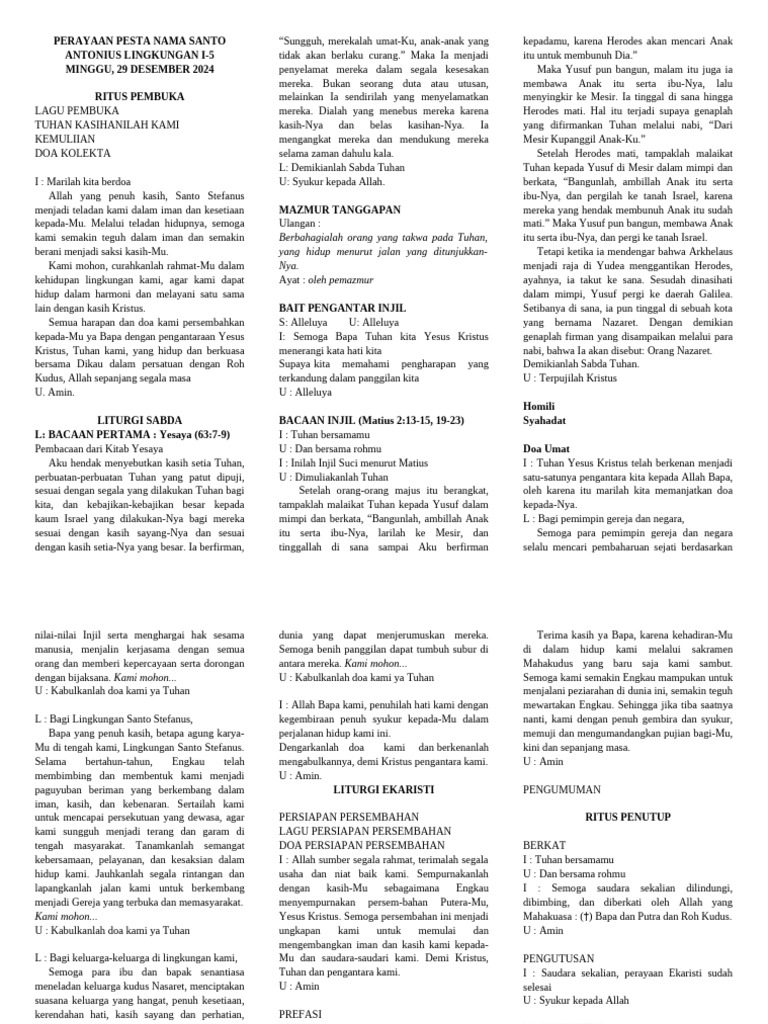 Teks Misa - Perayaan Pesta Nama Santo Antonius 2024 | PDF