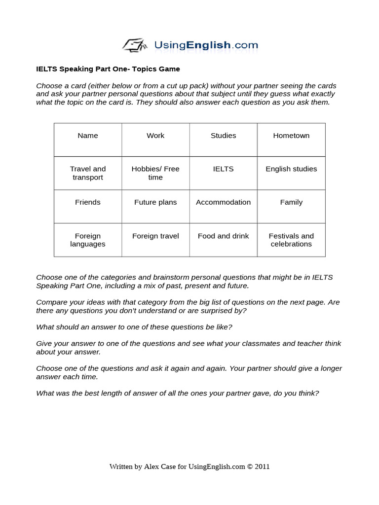 Ielts Speaking Part One Topics Game | PDF | Hobbies