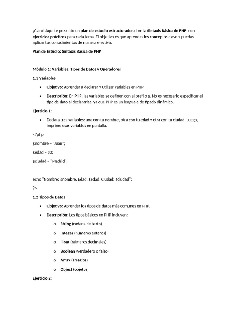 Plan de Estudio PHP: Sintaxis Básica | PDF | Tipo de datos | Php