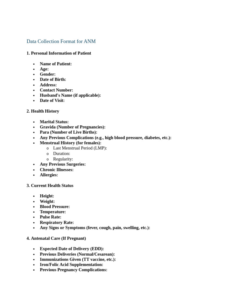 Data Collection Format For ANM | PDF