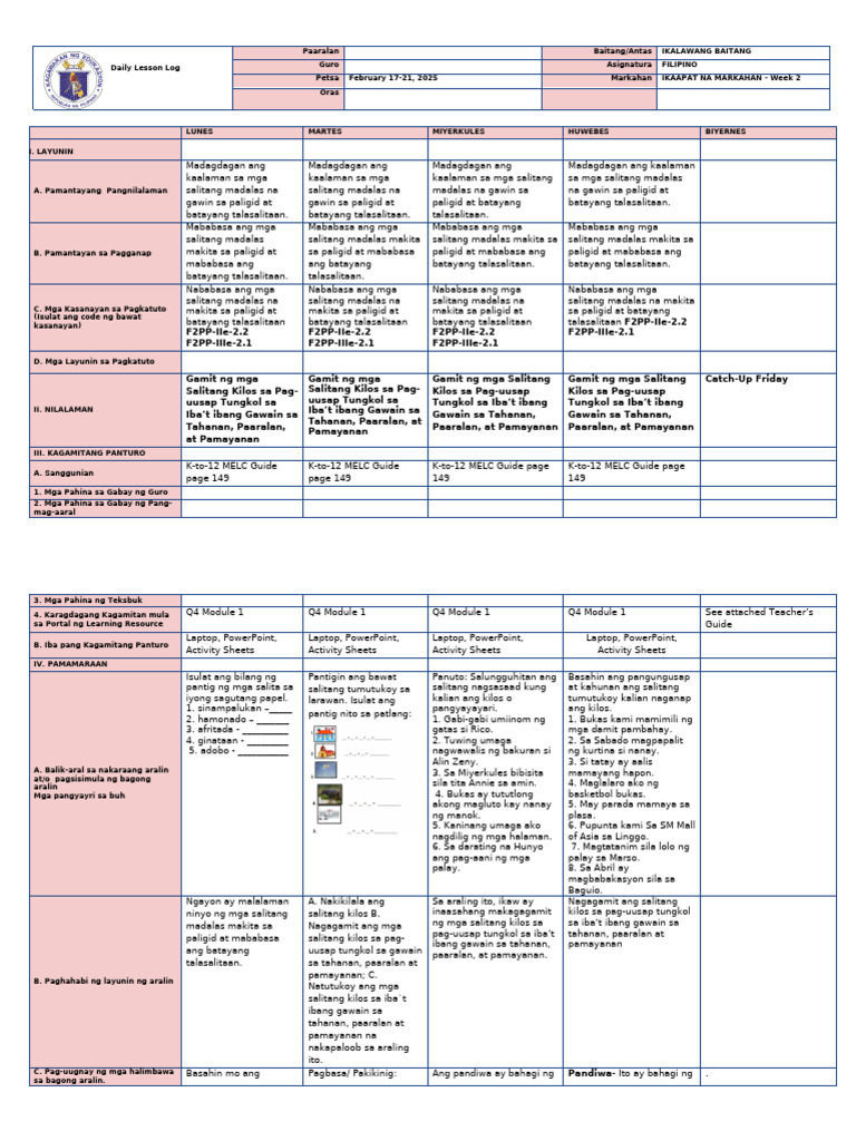 Q4 Week2 DLL Filipino - 2 | PDF