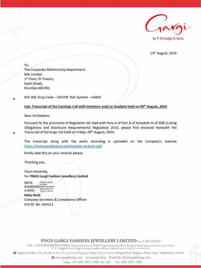 Sub: Transcript of The Earnings Call With Investors And/ or Analysts ...