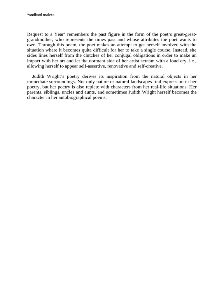 Judith Wright's "Request to a Year" Analysis | PDF